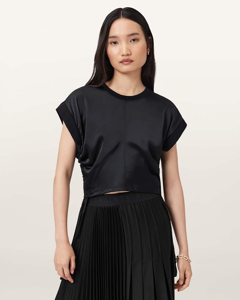 Mira Cropped Satin Drawcord T-Shirt Black | ALLSAINTS